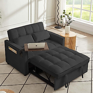 Antetek 3 in 1 Convertible Sofa Bed w/360° Rotating Side Table, 47" Modern Velvet Loveseat Sofa, Small Sleeper Pullout Bed w/Adjustable Backrest for Living Room Apartment, Office, Small Space, Black