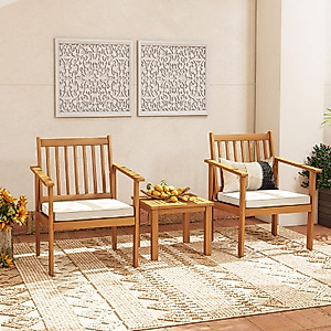 Tangkula 3 Pieces Patio Wood Furniture Set, Acacia Wood Chairs and Coffee Table Set with Soft Cushions, Slatted Design, Outdoor Furniture Set for Porch, Yard, Balcony (White)