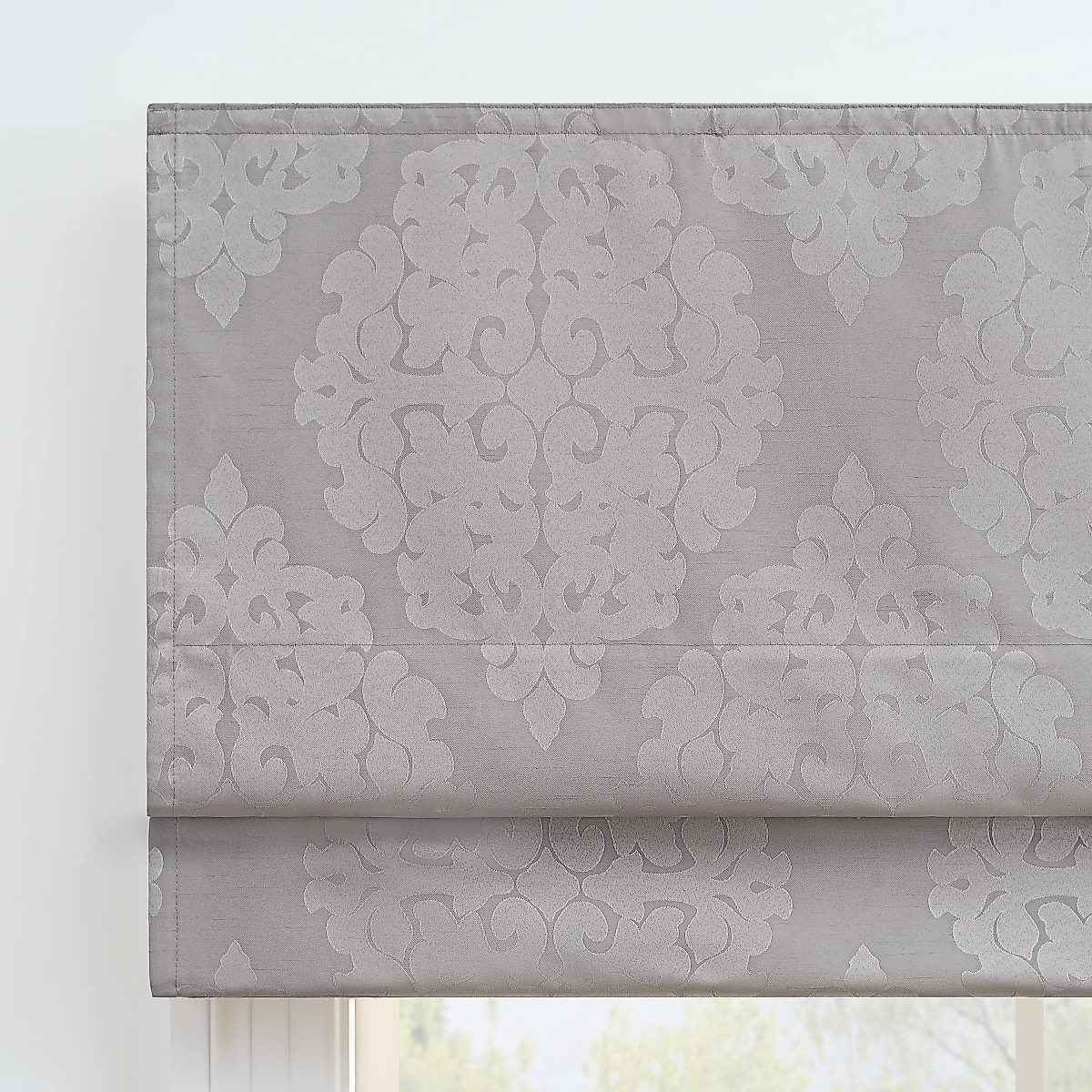ECLIPSE Carlton Damask Blackout Cordless Lined Window Roman Shade for Living Room, 35 in x 64 in, Silver