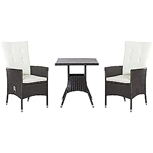 Outsunny 3 Piece Patio Bistro Set, Outdoor PE Wicker Furniture Conversation Set with Tufted Cushion Reclining Chairs & Coffee Table for Backyard, Lawn, Porch, Poolside, Balcony, Cream White
