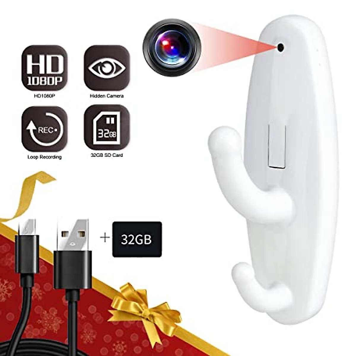 32GB Hidden Camera Clothes Hook, Mini Hidden Camera HD 1080P No WiFi Needed Nanny Cam, Security Camera with 32GB SD Card Recording for Monitoring Home/Baby/Pet No Audio