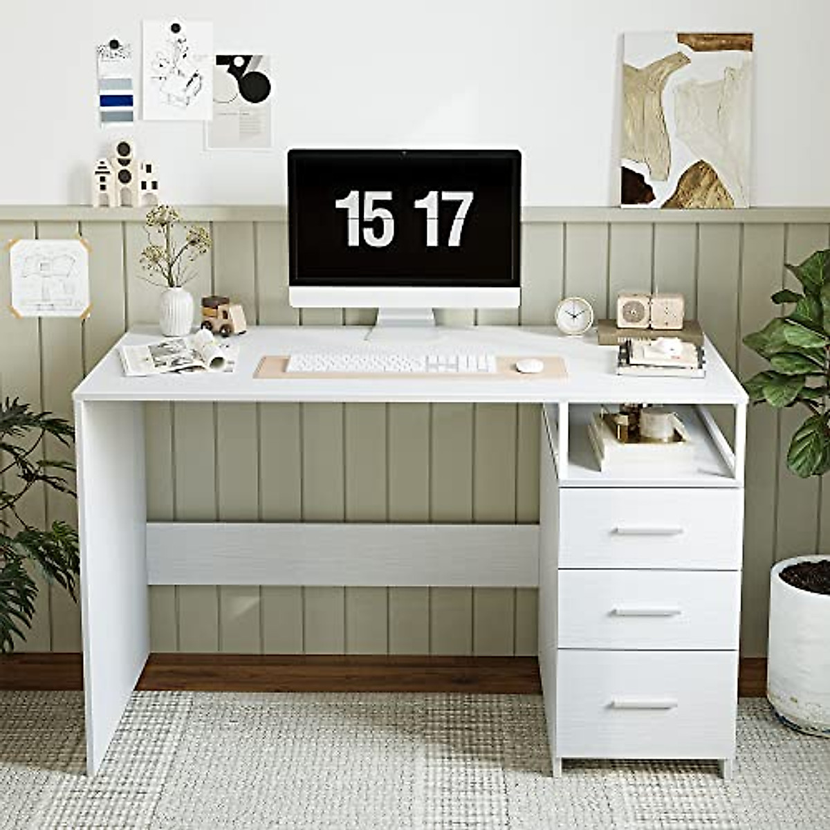 CubiCubi Computer Desk with Drawers, 47 Inch Home Office Desk, Study Writing Table, Modern Office Desk, White