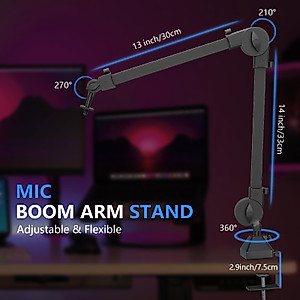 Microphone Boom Arm Stand, Studio Arm Suspension Scissor Adjustable Mic Stand for HyperX/Shure SM7B and Other Microphone, Recording Gaming Streaming Podcasting