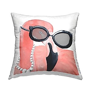 Stupell Industries Glam Fashion Pink Flamingo Sunglasses Pearls Bird Design by Gina Ritter Pillow, 18 x 18, Black