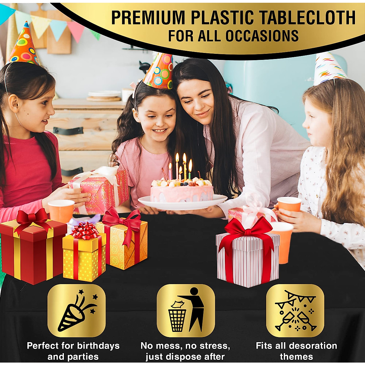 Black Plastic Tablecloth For Parties Disposable, Pack of 12, Thick black plastic table cloths Good for Wedding, Birthday, Picnic, Camping, BBQ, black plastic tablecloth with 12 Clips - 54x108-inch