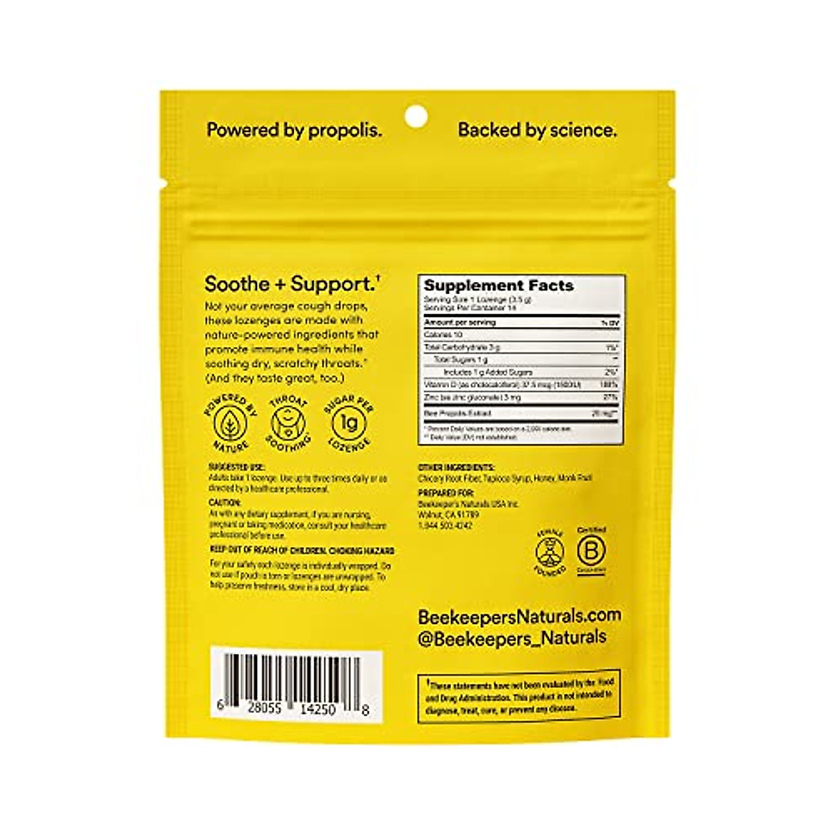 Soothing Honey Cough Drops - Immune Support with Vitamin D, Zinc and Propolis - by Beekeeper's Naturals - Throat Soothing Lozenges, 14 Ct