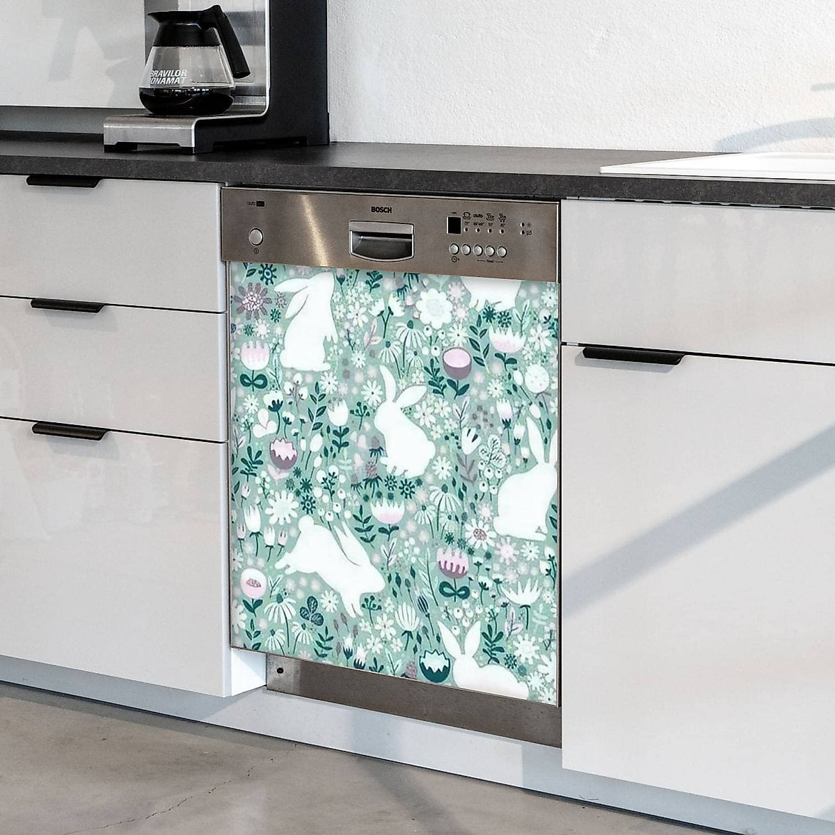 Dishwasher Magnet Cover Seamless from Silhouettes of Rabbits and Wildflowers Hand Drawn Magnetic Refrigerator Stickers Decorative Appliance Cover Fridge Panels Metal Door Garage 23"Wx26"H