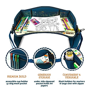 Coolmum Kids Travel Tray, Toddler Car Seat Tray, Double Sided Activity Organizer, Snack Lap Tray, Baby Stroller Tray, Airplane Play Table, Waterproof and Foldable (Premium Blue)