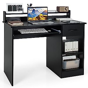 GOFLAME Computer Desk, Home Office Desk with Large Drawers, Hutch, Keyboard Tray, 5-Position Adjustable Open Shelves, Easy Assembly, Writing Desk for Bedroom, Small Space, Living Room, Black