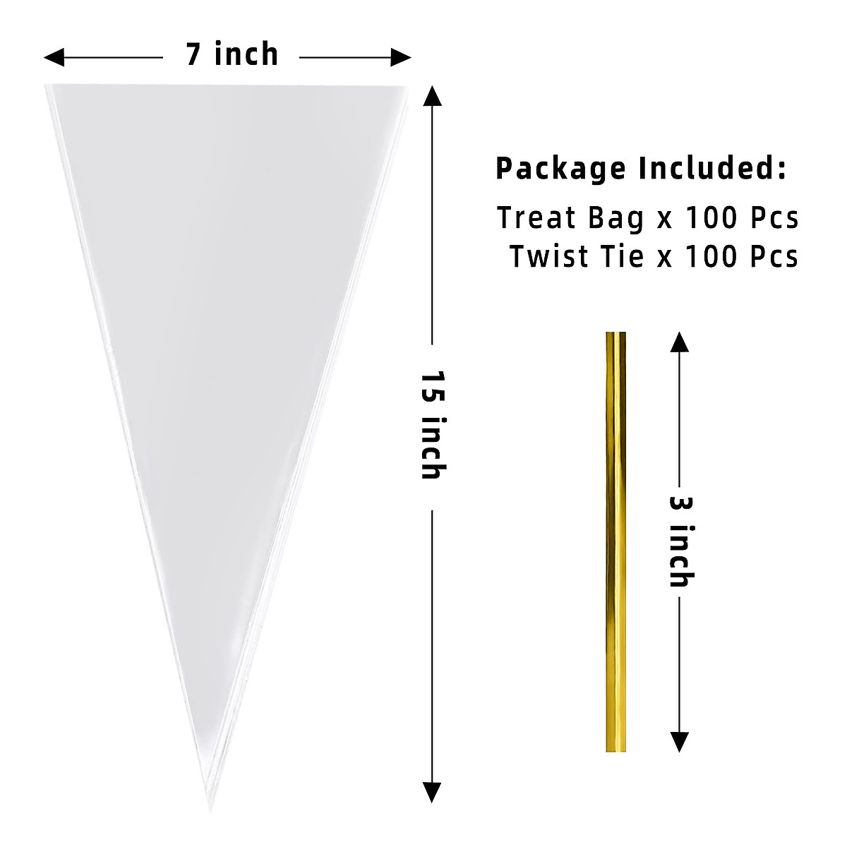 Morepack Cone Treat Bags, 100Pcs, 7x15 Inches, Clear Cellophane, with Twist Ties, for Treats, Popcorn, Candy, Party Favors