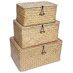 TICYACK Straw Storages Baskets With Lid, Hand-Woven for Seagrass, for Desktop Home Decoration (S/M/L)