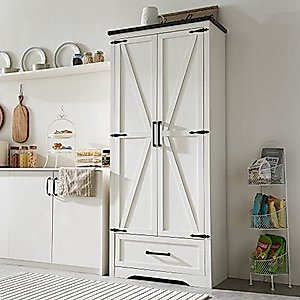 JXQTLINGMU Farmhouse Storage Cabinet with Adjustable Shelves, Bathroom Storage Cabinet with Barn Doors for Bathroom, Utility Room, Living Room, Kitchen, Antique White