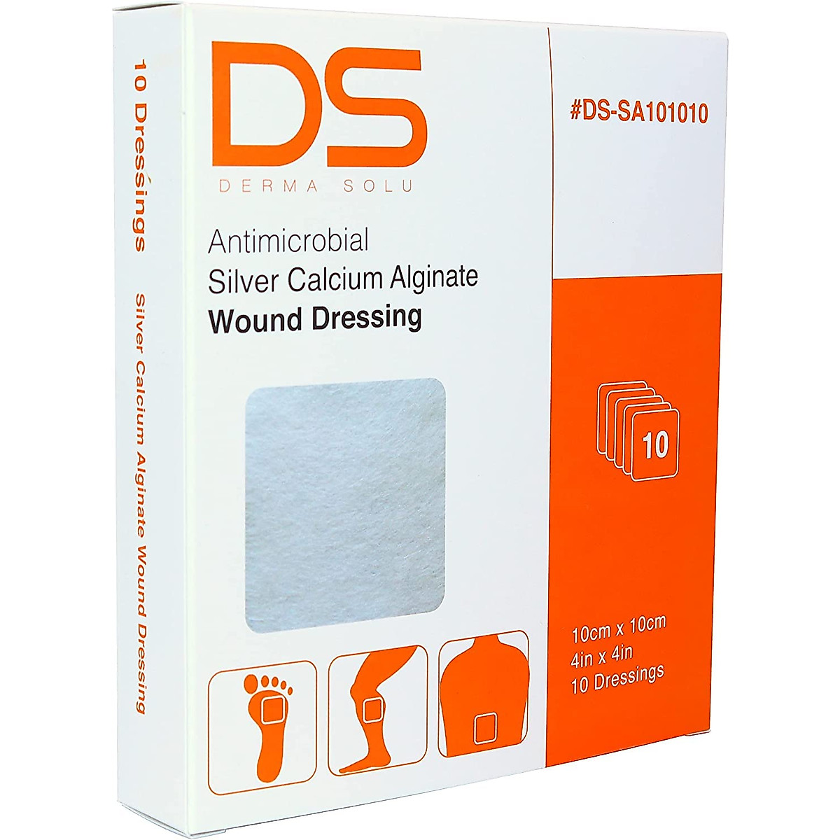 DERMA SOLU 4” x 4” Silver Calcium Alginate Wound Dressing Alginate w/Silver Sterile (4" x 4" (10 Dressings))