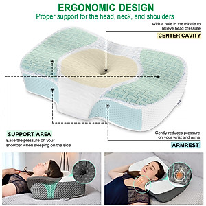 Elviros Cervical Memory Foam Neck Pillow for Side Sleeping, Contour Orthopedic Pillows for Back and Stomach Sleepers, Adjustable Ergonomic Bed Pillow Pain Relief, CertiPUR-US, Blue