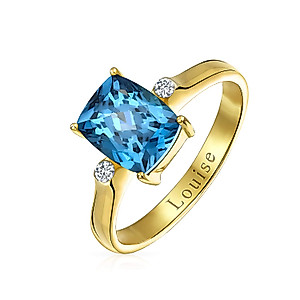 Personalized 3.17CT Genuine Gemstone Birthstones Zircon Accent London Blue Topaz Emerald Cut Engagement Ring Yellow 14K Gold Plated .925 Sterling Silver Customizable