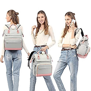 Waterproof Anti-theft Travel Laptop Backpack, Nurse Bags Teacher Purse with USB Charging Port, Fit 15.6 Inch Laptop Backpack for Women, Grey Pink