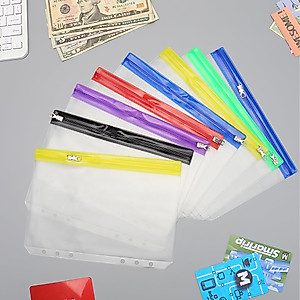 A5 Binder Pocket 12pcs Metal Zipper Binder Pouches Colorful Zipper Budget Envelopes 6-Hole Translucent PVC Zipper Document Filing Bags for A5 Notebook Binder Journal Budget Organizer (A5)