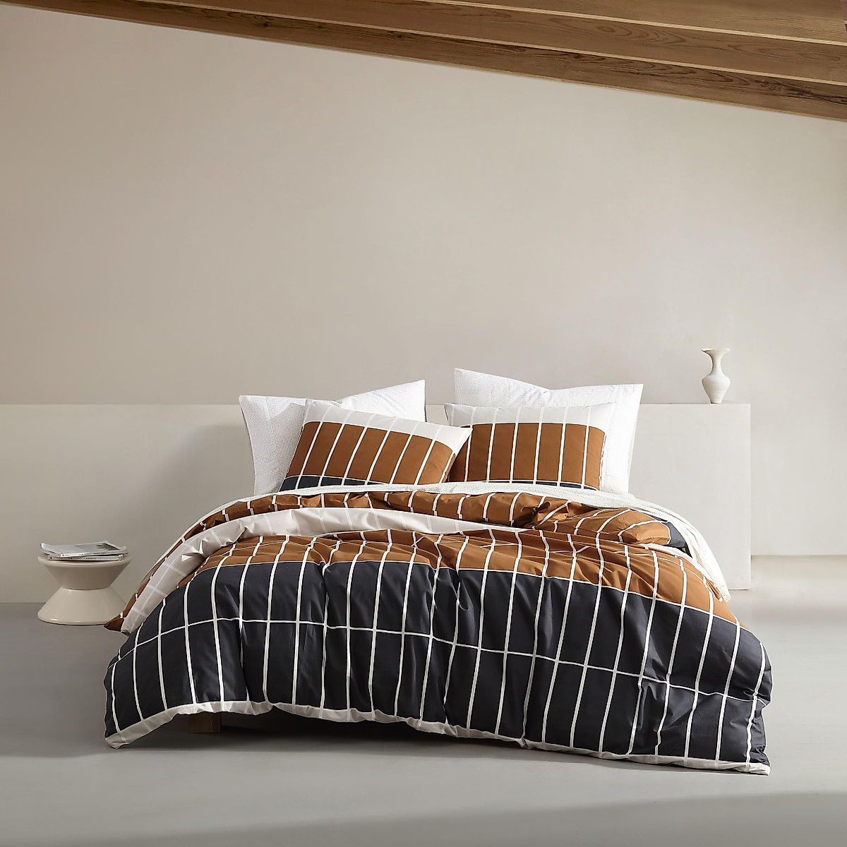 Marimekko - King Duvet Cover Set, Organic Cotton Bedding with Matching Shams, Modern Home Decor, GOTS Certified (Tiiliskivi Raita Charcoal, King)