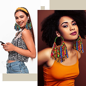 Bonuci 2 Pairs African Earrings Juneteenth Earrings for Women African Jewelry Afrocentric Fabric Tassel Earring Hoop Earring(Vintage Style)