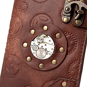 Valentoria Handmade Vintage Steampunk Gear Womens RFID Blocking Long Wallet Genuine Leather Card Holder Purse Handbag Clutch Cell Phone Purse Bag Holster Gift for Women Men (C)