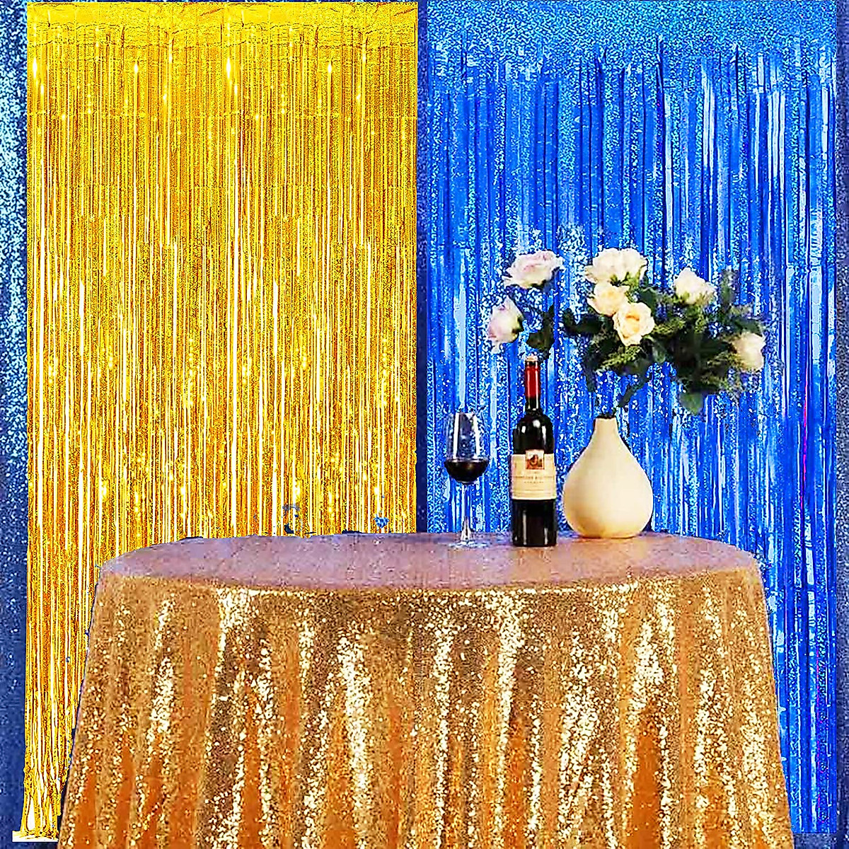 Graduation Party Decorations Navy Blue Gold 2024/Navy Blue Yellow Graduation Decorations Navy Blue Foil Fringe Curtains Graduation Backdrop Metallic Foil Fringes Curtains for Blue Gold Birthday Party