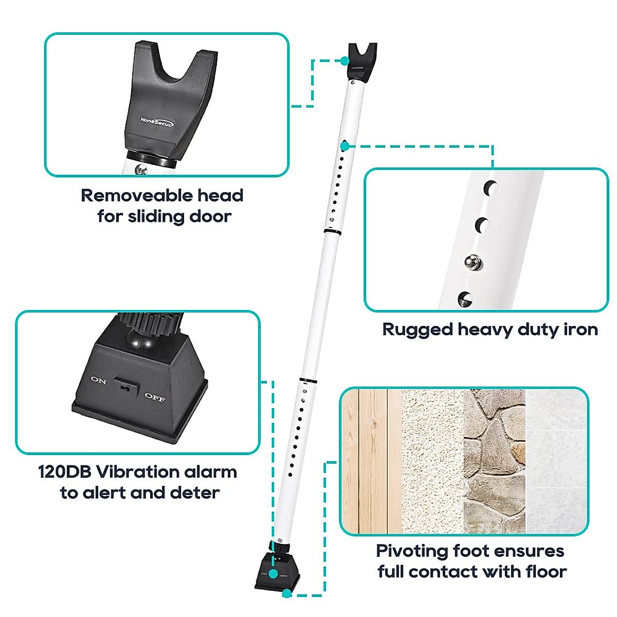 HoneSecur 2-in-1 Door Security Bar with Alarm & Sliding Patio Door Stopper 120db Loud Alert Siren Security Jammer Bar Window Child Proof Adjustable Constructed of High Grade Iron - White