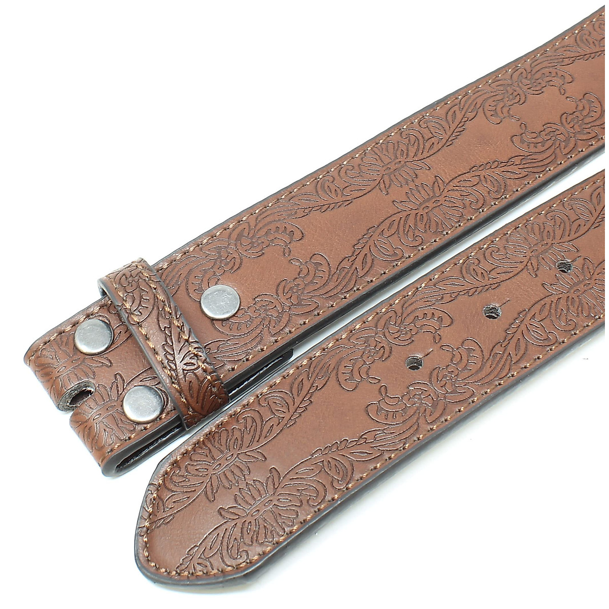 BC Belts Leather Belt Strap with Tooled Western Floral Leaf Embossed Pattern 1.5" Wide with Snaps (Brown-M)