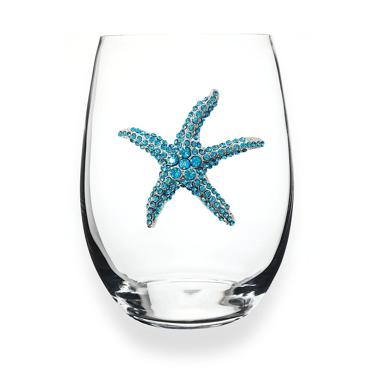 THE QUEENS' JEWELS Blue Starfish Jeweled Stemless Wine Glass, 21 oz. - Unique Gift for Women, Birthday, Cute, Fun, Not Painted, Decorated, Bling, Bedazzled, Rhinestone