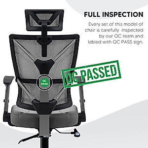 Ergonomic Mesh Office Chair - High Back Home Office Desk Chairs with Adjustable Headrest, 2D Flip-up Arms, Lumbar Support, Tilt Function and Rubber Wheels - Ergonomic Design for Back Pain,Gray