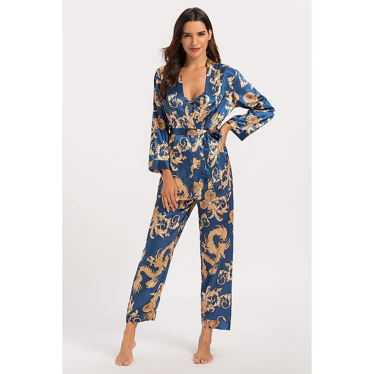 Escalier Women's Silk Satin Pajamas Set 3 Pcs Floral Silky Pj Sets Sleepwear Cami Nightwear with Robe and Pants Navy M