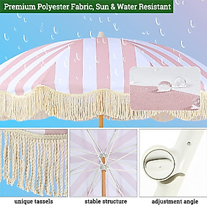 HM&DX Pink Patio Umbrella with White Tassels,7 Ft Outdoor Table Umbrella Button Tilt,Round Outdoor Umbrella 8 Sturdy Ribs,Sun Shade Rainproof Garden Umbrella