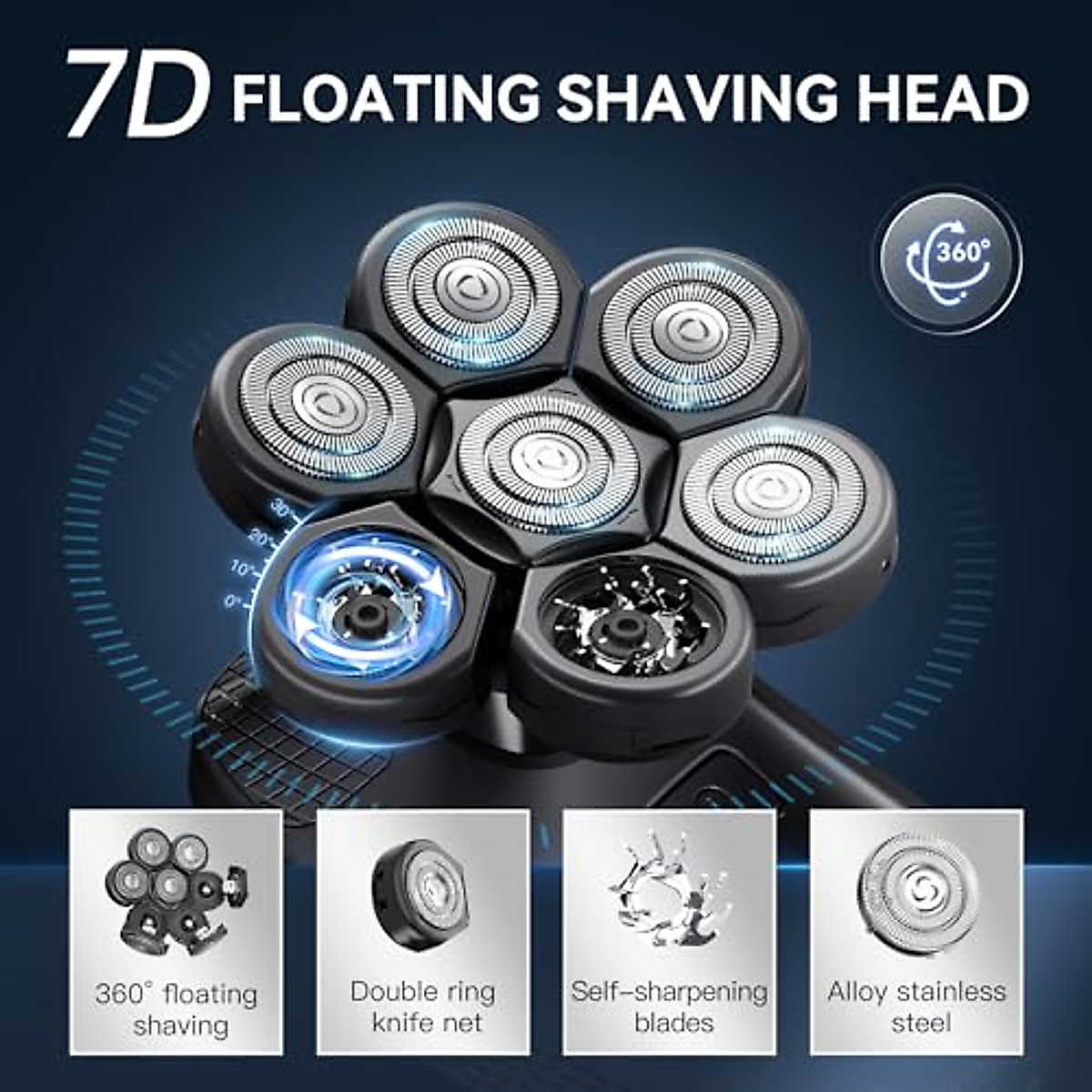 kensen 7D Head Shaver, 5 in 1 Bald Head Shavers for Men, Head Electric Razor with Nose Hair Sideburns Trimmer, Waterproof Wet/Dry Mens Grooming Kit, LED Display, USB Rechargeable, Gifts Travel Case