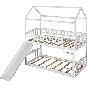 DNYN Twin Size Loft Bed with Slide for Kids Bedroom,Twin-Over-Twin House Shaped Bunkbeds w/Safety Guardrails & Roof Design,Easy Assemble & No Box Spring Need & Space Saving Design, White