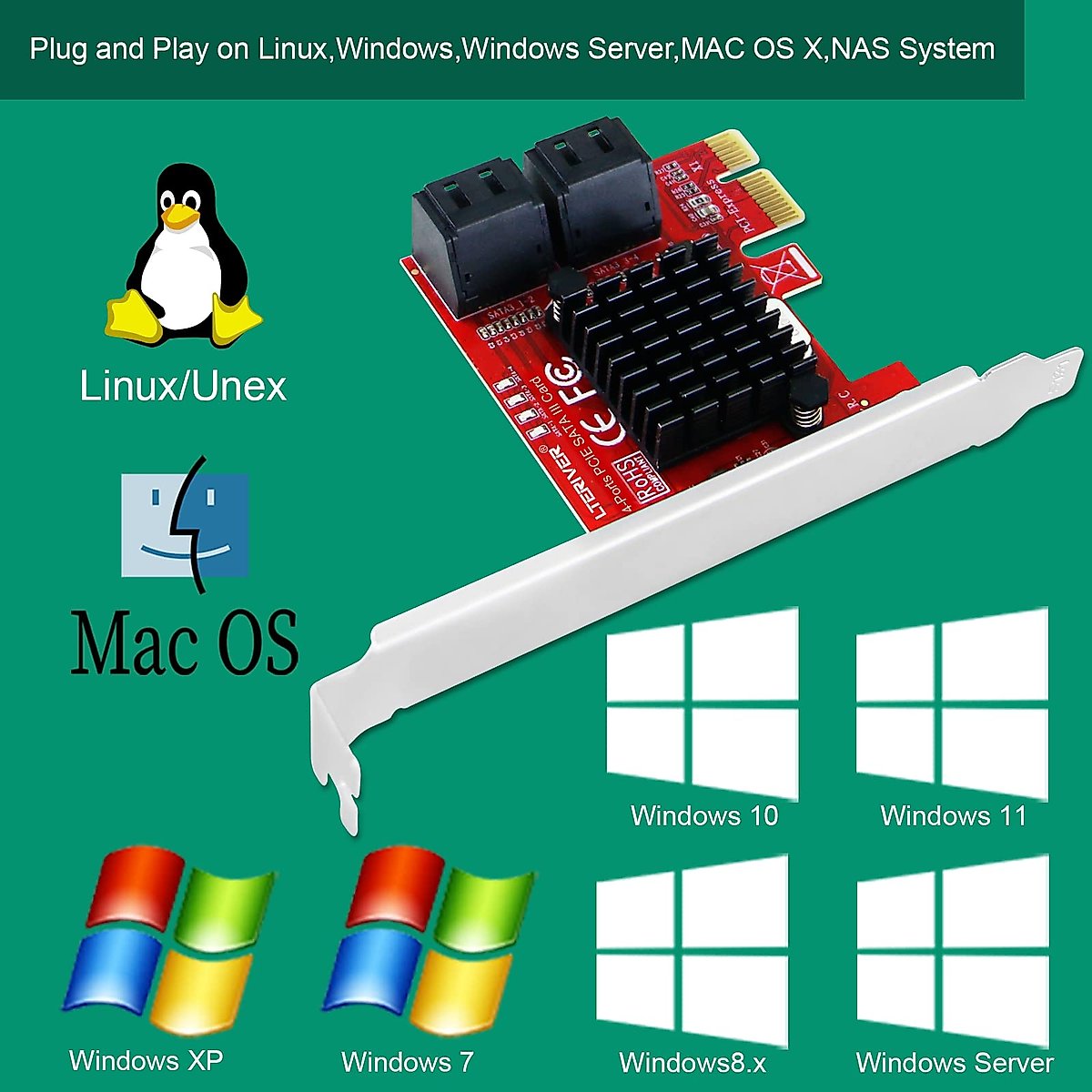 LTERIVER PCIE to 4-Ports 6Gbps SATA III Card for Windows Server, XP, 7, 8.0, 8.1, 10, 11(32/64), MAC OS and Linux Desktop PCs-4X 6Gbps Max SATA 3.0 None Raid Ports-Support AHCI Boot Up (PCE-G2S4)