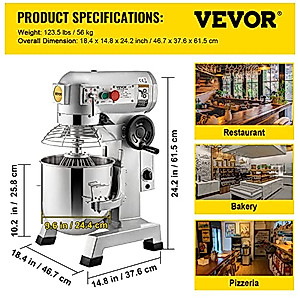 VEVOR Commercial Food Mixer, 10Qt Commercial Mixer with Timing Function, 450W Stainless Steel Bowl Heavy Duty Electric Food Mixer Commercial with 3 Speeds Adjustable, Perfect for Bakery Pizzeria