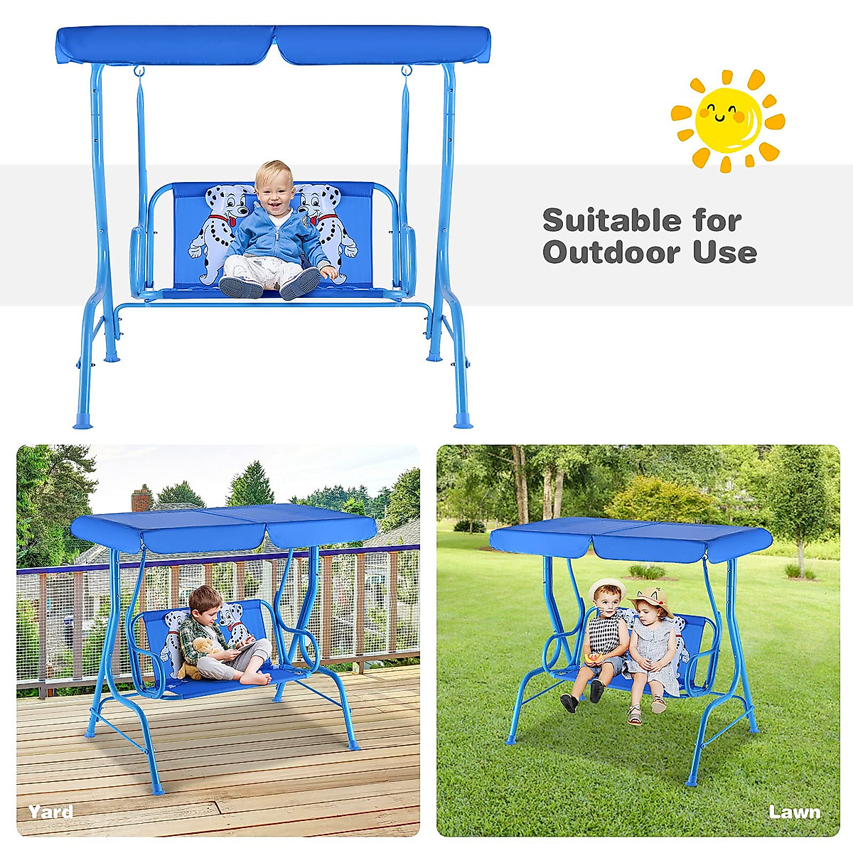 HONEY JOY Kids Patio Swing, 2-Seater Outdoor Porch Swing Lounge Chair W/Canopy & Safety Belt, All Weather Resistant Waterproof Hanging Swing Bench for Patio Garden Poolside Balcony(Blue Puppy)