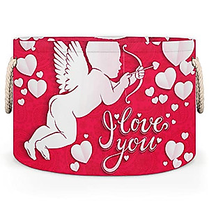 Love You Heart Pattern Large Round Baskets for Storage Laundry Baskets with Handles Blanket Storage Basket for Bathroom Shelves Bins for Organizing Nursery Hamper Girl Boy