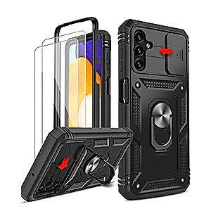 LeYi for Galaxy A13 5G / A04s Case: Slide Camera Cover + [2 Pcs] Tempered Glass, for 360 Military-Grade with Kickstand, Black