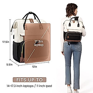 LOVEVOOK Laptop Backpack for Women, 17 Inch Work Business Backpacks Purse with USB Port, Large Capacity Educators Doctor Nurse Bag Backbag, Waterproof Casual Daypack for Travel,Black-White-Brown