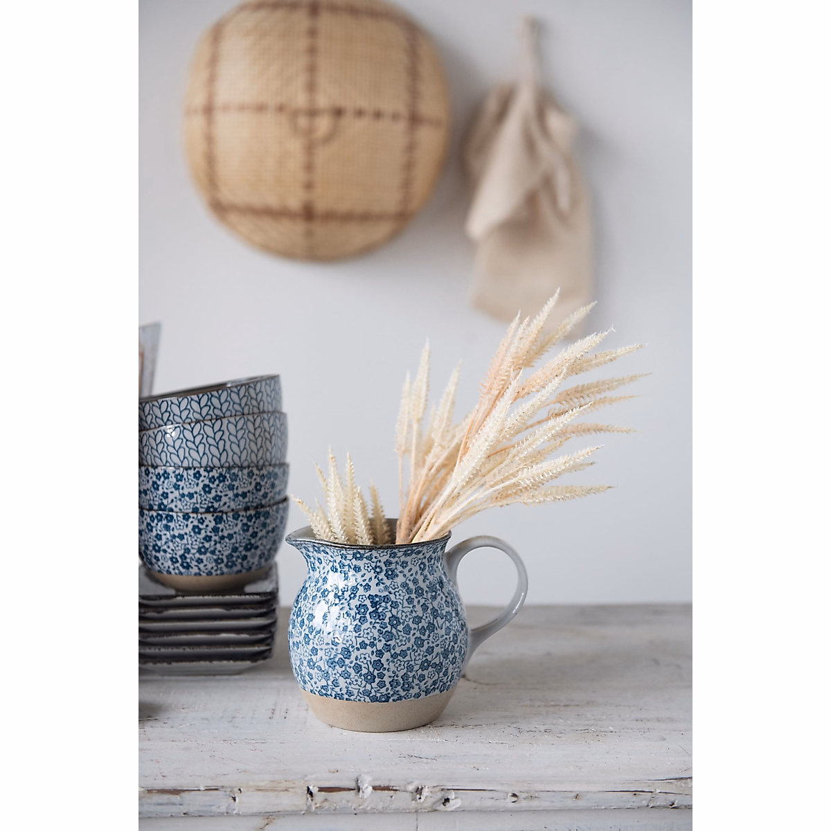 Creative Co-Op Hand-Painted Country-Style Stoneware Floral Print Pitcher, 6.25", Blue & White