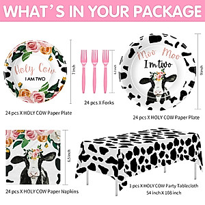 APOWBLS Moo Moo Im Two Birthday Decorations Tableware Girl - Cow 2nd Birthday Party Supplies, Plate, Napkin, Tablecloth, Fork, Holy Cow Two Year Old Birthday Party Decorations Dinnerware | Serve 24