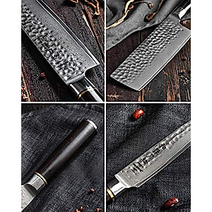 HEZHEN Damascus Steel 7pcs Kitchen Knives Block Set, Multifunctional Kitchen Shears, Professional forging Chef Knife Santoku Nakiri Utility Fruit, Ergonomic Ebony Handle -Classic Series