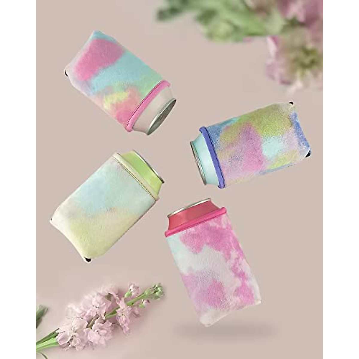 BAGnoREGio 4-Pack Tie Dye Faux Fur Neoprene 12oz Beer Can Cooler Sleeves, Fuzzy Plush Velvet Soda Can Koozies (Rainbow Multi color)