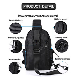 Small Black Sling Crossbody Backpack Shoulder Bag for Men Women, Lightweight One Strap Chest Backpack Sling Bag Backpack for Hiking Walking Biking Travel Cycling USB Charger Port Nylon Camouflage
