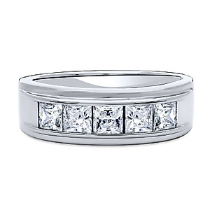 BERRICLE Sterling Silver 5-Stone Wedding Rings Channel Set Princess Cut Cubic Zirconia CZ Half Eternity Ring for Unisex, Rhodium Plated Size 10