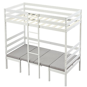 Metal Loft Bed Twin Size, Twin Loft Bed with Desk and Bench, Twin Size Loft Bed Turn into Twin Bunk Beds, Twin Loft Bed with Ladder and Full-Length Guardrail(Cushion Sets are Free), Twin White