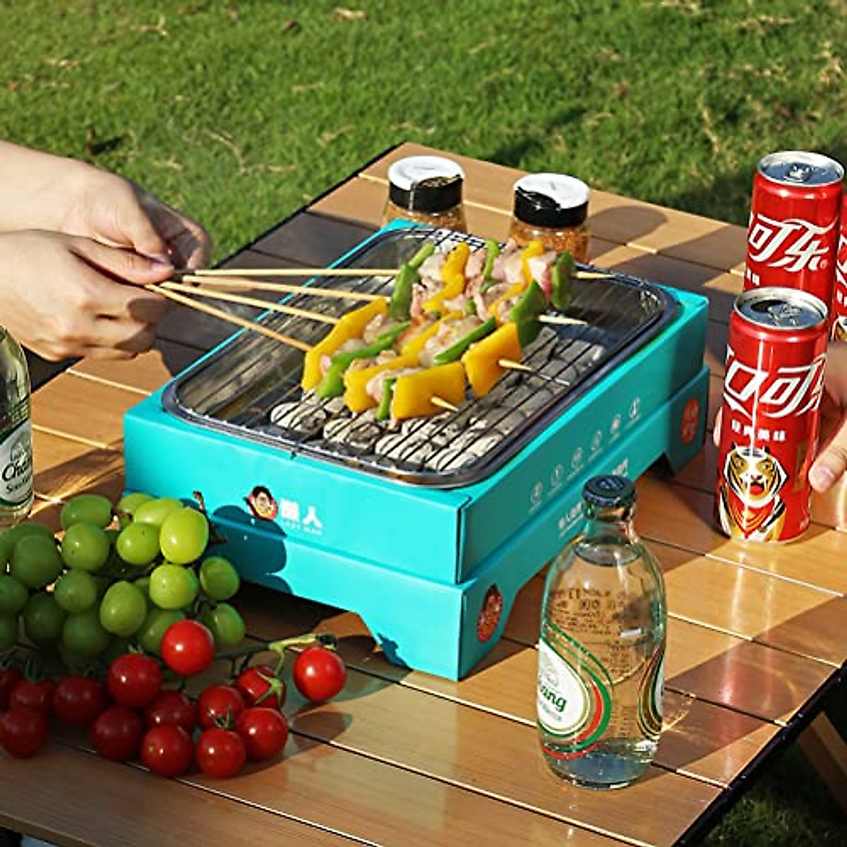 WZCSLM Portable Mini BBQ Charcoal Grill, Disposable BBQ Portable Charcoal Grill for Camping Outdoor BBQ Camping Picnic with, BBQ Clips, 60 Pieces of Charcoal About 120 Minutes. (blue)