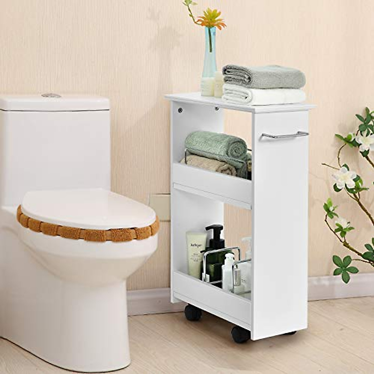 Tangkula Slim Bathroom Storage Shelves, Wooden Rolling Storage Cabinet w/ 3-Tier Shelves, Lockable Wheel, Towel Bar, Side Storage Organizer for Kitchen, Bathroom, Laundry, 18 x 8 x 25.5 inches (White)