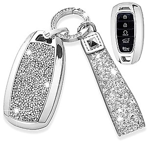 Royalfox(TM) 3 4 5 buttons 3d bling diamond fashion crystals smart remote Key Fob case Cover For Hyundai i30 Azera ix35 Elantra Accent Santa Fe IG Grandeur,2017-2022 Hyundai Palisade keychain (silver)