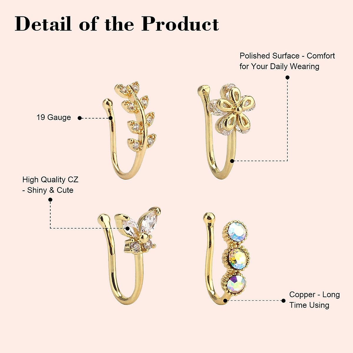 CrazyPiercing 18Pcs Fake Nose Ring CZ African Nose Cuffs Gold Faux Septum Nose Rings Clip on Nose Jewelry for Woman Non Pierced Jewelry(18P)